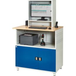 Rau Computer-Station Typ 1023, Monitorfach bis 26&ldquo;, Ablagefach, Arbeitsplatte, Unterschrank, bis 200 kg, B 1100 x T 790 x H 1840 mm, Stahl/Holz, station&auml;r