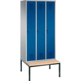 Garderobenspind Evolo S 3000, Stahl, m. untergeb. Sitzbank, 3 Abteile m. jew. B 300 mm, Sicherheitsdrehriegelverschluss, wei&szlig;aluminium RAL 9006/enzianblau RAL 5010