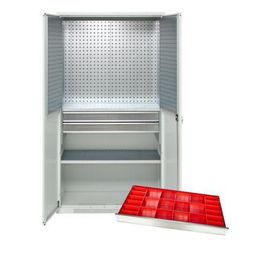 Sch&auml;fer Shop Sch&auml;fer Shop Genius Materialschrank FS, 5 OH, abschlie&szlig;bar, Lochrasterw&auml;nde/2 Sch&uuml;be/2 Fachb&ouml;den, bis 450 kg, B 1055 x T 520 x H 1950 mm, lichtgrau/lichtgrau + Gratis Einsatzkastenset-24 tlg.