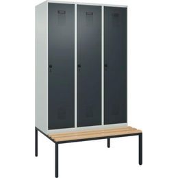 Kleiderspind C+P Evolo Plus, 3 Abteile, 400 mm Abteilbreite, mit untergebauter Sitzbank, B 1200 x T 815 x H 2120 mm, Drehriegel, lichtgrau/anthrazitgrau