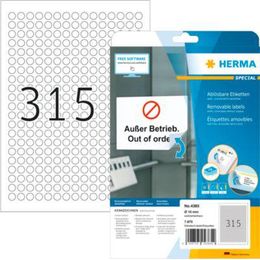 Herma abl&ouml;sbare Etiketten Nr. 4385, rund, &Oslash; 10 mm, selbstklebend, bedruckbar, Papier, wei&szlig;, 7875 St&uuml;ck auf 25 Blatt