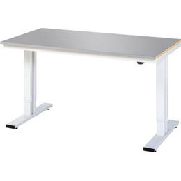Rau Werktisch Adlatus, elektrisch h&ouml;henverstellbar, 25 mm MDF-Platte mit Edelstahlbelag, bis 300 kg, B 1500 x T 800 x H 720-1120 mm, silber/lichtgRau