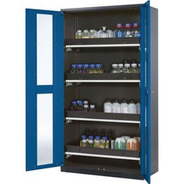 Chemikalienschrank ASECOS CS-CLASSIC-G, Fl&uuml;gelt&uuml;r m. Glasauschnitt, 4 Auszugswannen, 1055x520x1950 mm, enzianblau