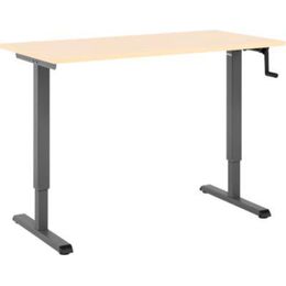 Home-Office-Schreibtisch Multiflex, manuell h&ouml;henverstellbar mit Kurbel, B 1300 x T 650 x H 700-1180 mm, Ahorn/anthrazit