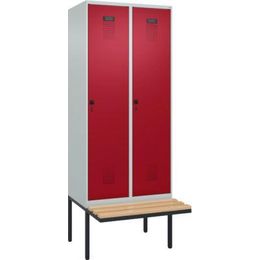 Kleiderspind C+P Evolo Plus, 2 Abteile &agrave; 400 mm Breite, schwebende Sitzbank, B 800 x T 815 x H 2120 mm, Drehriegel, lichtgrau/rubinrot