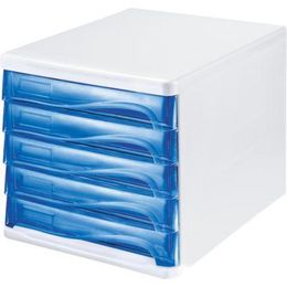 Schubladenbox Helit, 5 Sch&uuml;be, DIN A4, B 265 x H 250 x T 340 mm, Polypropylen, Geh&auml;use wei&szlig;/Schublade blau transparent