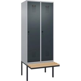 Kleiderspind C+P Evolo Plus, 2 Abteile &agrave; 400 mm Breite, schwebende Sitzbank, B 800 x T 815 x H 2120 mm, Drehriegel, wei&szlig;aluminium/anthrazitgrau