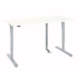 Schreibtisch, elektrisch h&ouml;henverstellbar, inkl. Kabelkette & Kabelkanal, Rechteck, T-Fu&szlig;, B 1600 x T 800 x H 715-1205 mm, wei&szlig;/wei&szlig;aluminium