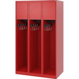 Feuerwehrspind C+P Evolo Youngster, 3 Abteile, ohne Helmhalter, Bodengleiter, B 900 x T 500 x H 1530 mm, RAL 3000 Feuerrot