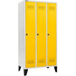 Sch&auml;fer Shop Sch&auml;fer Shop Genius Kleiderspind mit F&uuml;&szlig;en, 3 Abteile, 300 mm Abteilbreite, Sicherheitsdrehriegelverschluss, lichtgrau/rapsgelb