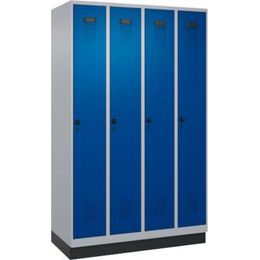 Kleiderspind C+P Evolo Plus, 4 Abteile, 300 mm Abteilbreite, mit Sockel, Anschlag rechts, B 1200 x T 500 x H 1950 mm, Drehriegel, wei&szlig;aluminium/enzianblau