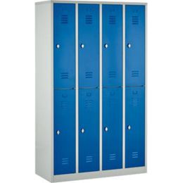 Kleiderspind, 4 Abteile &uuml;bereinander, B 1170 x H 1950 mm, Drehriegelverschluss, lichtgrau/enzianblau