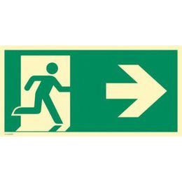 moedel Fluchtwegzeichen &bdquo;Notausgang rechts Pfeil rechts&ldquo;, nach ISO 7010 E002, Folie selbstklebend, langnachleuchtend, B 297 x H 148 mm