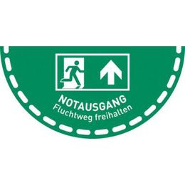 moedel Fu&szlig;bodenaufkleber &bdquo;Notausgang &ndash; Fluchtweg freihalten&ldquo;, nach ISO 7010 E002, PVC-Folie, rutschhemmend, Halbkreis B 900 x H 450 mm