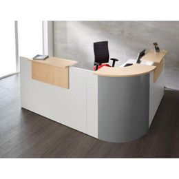 Winkeltheke Come-In, rund, L 2125 x B 2525 mm, wei&szlig;, 3 Ablagen in Ahorn-Dekor, Eckelement alusilber