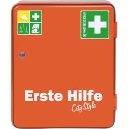 Verbandschrank HEIDELBERG, Stahlblech, Sicherheitsschloss, B 362 x T 140 x H 302 mm, ohne Inhalt, orange