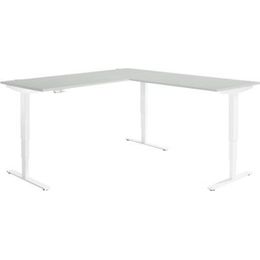 Sch&auml;fer Shop Winkelschreibtisch AERO FLEX, elektrisch h&ouml;henverstellbar, 90&deg; Winkel, T-Fu&szlig;, B 2000 x T 2000 mm, lichtgrau/wei&szlig; + Memorypanel