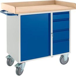 ROLLCART Werkbank mit Schrank, 3-seitiger Holzumrand, 2 Lenkrollen/2 Bockrollen