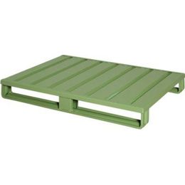 Stahlflachpalette, Euro-Ma&szlig;, bis 1500 kg, geschlossenes Oberdeck, 2 Stahlkufen, L 1200 x B 800 x H 130 mm, Stahl, Resedagr&uuml;n RAL 6011