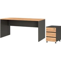 3-tlg. B&uuml;rom&ouml;belset Boston, 1 Wangenschreibtisch, B 1580 x T 790 mm, 1 Rollcontainer, B 410 x T 500 x H 600 mm, anthrazit/Navarra-Eiche