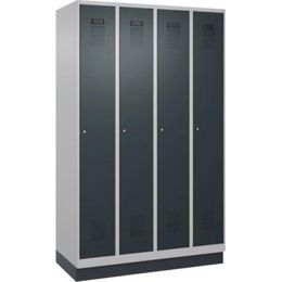 Kleiderspind C+P Evolo Plus, 4 Abteile, 300 mm Abteilbreite, mit Sockel, Anschlag rechts, B 1200 x T 500 x H 1950 mm, Zylinder, wei&szlig;aluminium/anthrazitgrau