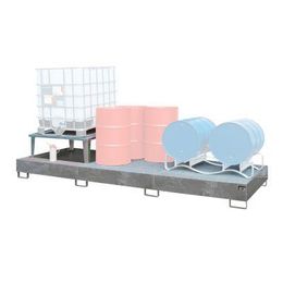 Auffangwanne Bauer AWA 31, Stahl, feuerverzinkt, L 3850 x B 1460 x H 780 mm, 1000 l, f&uuml;r 3 x 1000 l IBC, 1 Abf&uuml;llaufsatz, 2 Gitteroste