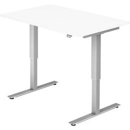 Schreibtisch ULM, elektrisch h&ouml;henverstellbar, Rechteck, T-Fu&szlig;, B 1200 x T 800 x H 720-1190 mm, wei&szlig;/alusilber + Kabelwanne