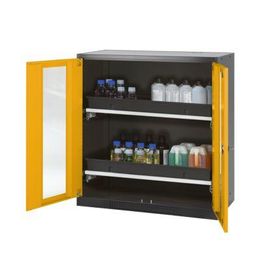 Chemikalienschrank ASECOS CS-CLASSIC-G, Fl&uuml;gelt&uuml;r m. Glasauschnitt, 2 Auszugswannen, 1055x520x1105 mm, sicherheitsgelb