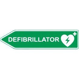 Defibrillator-AED-Standort-Stra&szlig;enschild, Pfeilform, linksweisend, nachtleuchtend, wetterfest, Dibond-Druck, L 600 x H 150 mm, gr&uuml;n-wei&szlig;
