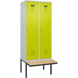 Kleiderspind C+P Evolo Plus, 2 Abteile &agrave; 400 mm Breite, schwebende Sitzbank, B 800 x T 815 x H 2120 mm, Zylinder, lichtgrau/clowngr&uuml;n