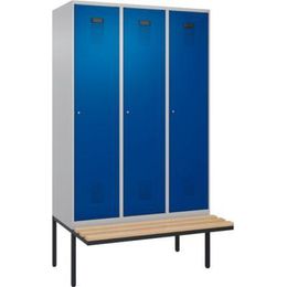 Kleiderspind C+P Evolo Plus, 3 Abteile &agrave; 400 mm Breite, schwebende Sitzbank, B 1200 x T 815 x H 2120 mm, Zylinder, wei&szlig;aluminium/enzianblau