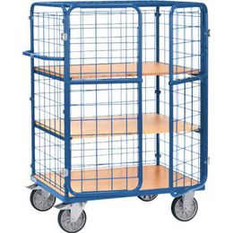 Gitterwagen Fetra 8482-3DE, bis 600 kg, abschlie&szlig;bare Fl&uuml;gelt&uuml;r mit Dach, 3 Etagen mit Holzwerkstoffb&ouml;den, Ladefl&auml;che L 1000 x B 700 mm, TPE-Bereifung