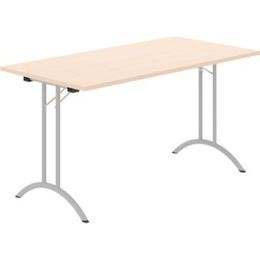 Sch&auml;fer Shop Sch&auml;fer Shop Select Klapptisch, Rechteck, Doppel-T-Fu&szlig;gestell, Spezial-Klappbeschlag & Bodenausgleich, B 1400 x T 700 x H 720 mm, Ahorn-Dekor/alusilber