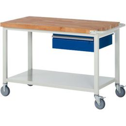 Rau Werkbank Serie 8001, fahrbar, mit Schublade, mit Ablageboden, B 1250 x T 700 x H 880 mm