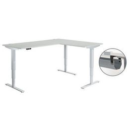 Sch&auml;fer Shop Sch&auml;fer Shop Genius Winkelschreibtisch AERO FLEX, elektrisch h&ouml;henverstellbar, 90&deg; Winkel, C-Fu&szlig;, B 2000 x T 1600 mm, lichtgrau/wei&szlig;aluminium, Memorypanel + Kabelkanal