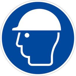 moedel Gebotszeichen &bdquo;Kopfschutz benutzen&ldquo;, nach ISO 7010 M014, Folie selbstklebend, &Oslash; 100 mm