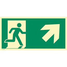 moedel Hinweisschild &bdquo;Notausgang rechts schr&auml;g oben&ldquo;, EN ISO 7010, Leuchtklasse C, 160 mcd/m&sup2;, bis 29,7 m, L 297 x B 594 mm, Aluminium, gr&uuml;n