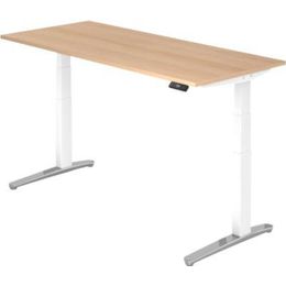 Schreibtisch TOPAS LINE, elektrisch h&ouml;henverstellbar, C-Fu&szlig;, B 1800 x T 800 x H 650-1300 mm, Eiche/wei&szlig;aluminium + Memoryschalter, Kabelkanal