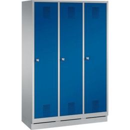 Garderobenspind Evolo S 3000, Stahl, mit Sockel, 3 Abteile mit jeweils B 400 mm, Zylinderschloss, wei&szlig;aluminium RAL 9006/enzianblau RAL 5010