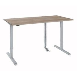 Schreibtisch, elektrisch h&ouml;henverstellbar, inkl. Kabelkette & Kabelkanal, Rechteck, T-Fu&szlig;, B 1600 x T 800 x H 715-1205 mm, Wildeiche/wei&szlig;aluminium
