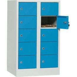 Schlie&szlig;fachschrank, Stahlbl., T&uuml;ranschl. rechts, Zylinderschloss, 10 F&auml;cher, B 600 x H 965 mm, l.grau RAL 7035/l.blau R 5012