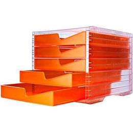 Schubladenbox Styro&reg; Styroswing NEONline, 5 Sch&uuml;be, Auszugsperre & Griffmulde, stapelbar, B 270 x T 340 x H 255 mm, PolyStyrol, transparent-neonorange