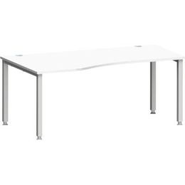 Sch&auml;fer Shop Schreibtisch MODENA FLEX, Freiform, Ansatz links, 4-Fu&szlig; Quadratrohr, B 1800 x T 1000/800 x H 720-820 mm, wei&szlig;/wei&szlig;aluminium