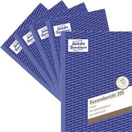 Avery Zweckform Avery® Zweckform Kassenbericht 305-5, A5 Hochformat, mit Ausfüllhilfe, ohne Durchschläge, perforiert & gelocht, Papier, weiß, 5 Bücher mit 50 Blatt