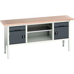Kastenwerkbank Bott verso, Multiplex-Platte, 2 Schubladen, 2 T&uuml;ren, 1 Ablageboden, B 2000 x T 600 x H 830 - 930 mm, Lichtgrau / Anthrazitgrau