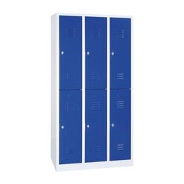 Kleiderspind, doppelst&ouml;ckig, 2 x 3 Abteile, Drehriegelverschluss, lichtgrau RAL 7035/enzianblau RAL