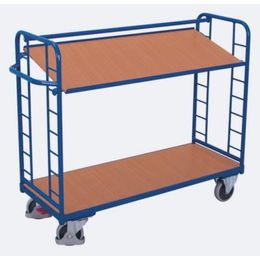 Etagenwagen, Stahl/MDF-Platte, Enzianblau/Buche-Dekor, 2 Etagen, 1355 x 550 mm, Stirnw&auml;nde mit Rundstahlverstrebung, EasySTOP, bis 250 kg