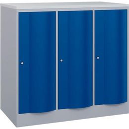 C+P Garderobenschrank Resisto, 3 Abteile, 3 F&auml;cher, B 1148 x T 640 x H 1077 mm, Wei&szlig;alu/Enzianblau