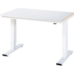 Rau Werktisch Adlatus, elektrisch h&ouml;henverstellbar, 25 mm Spanplatte, Linoleumbelag, bis 300 kg, B 1500 x T 1000 x H 720-1120 mm, hellgRau/lichtgRau