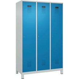 Kleiderspind C+P Evolo Plus, 3 Abteile, 400 mm Abteilbreite, mit F&uuml;&szlig;en, Anschlag rechts, B 1200 x T 500 x H 1950 mm, Zylinder, lichtgrau/lichtblau
